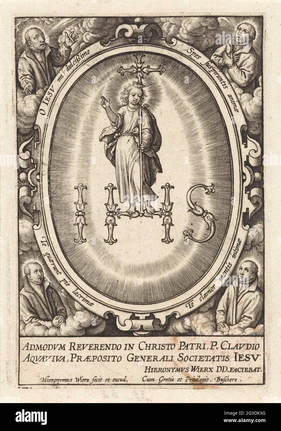 Christ child standing on monogram; Worship of the Christ child. The ...
