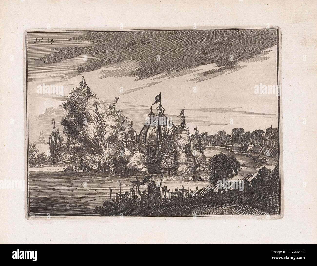 Sea battle. Fight at sea between different sailing ships. Front figures ...