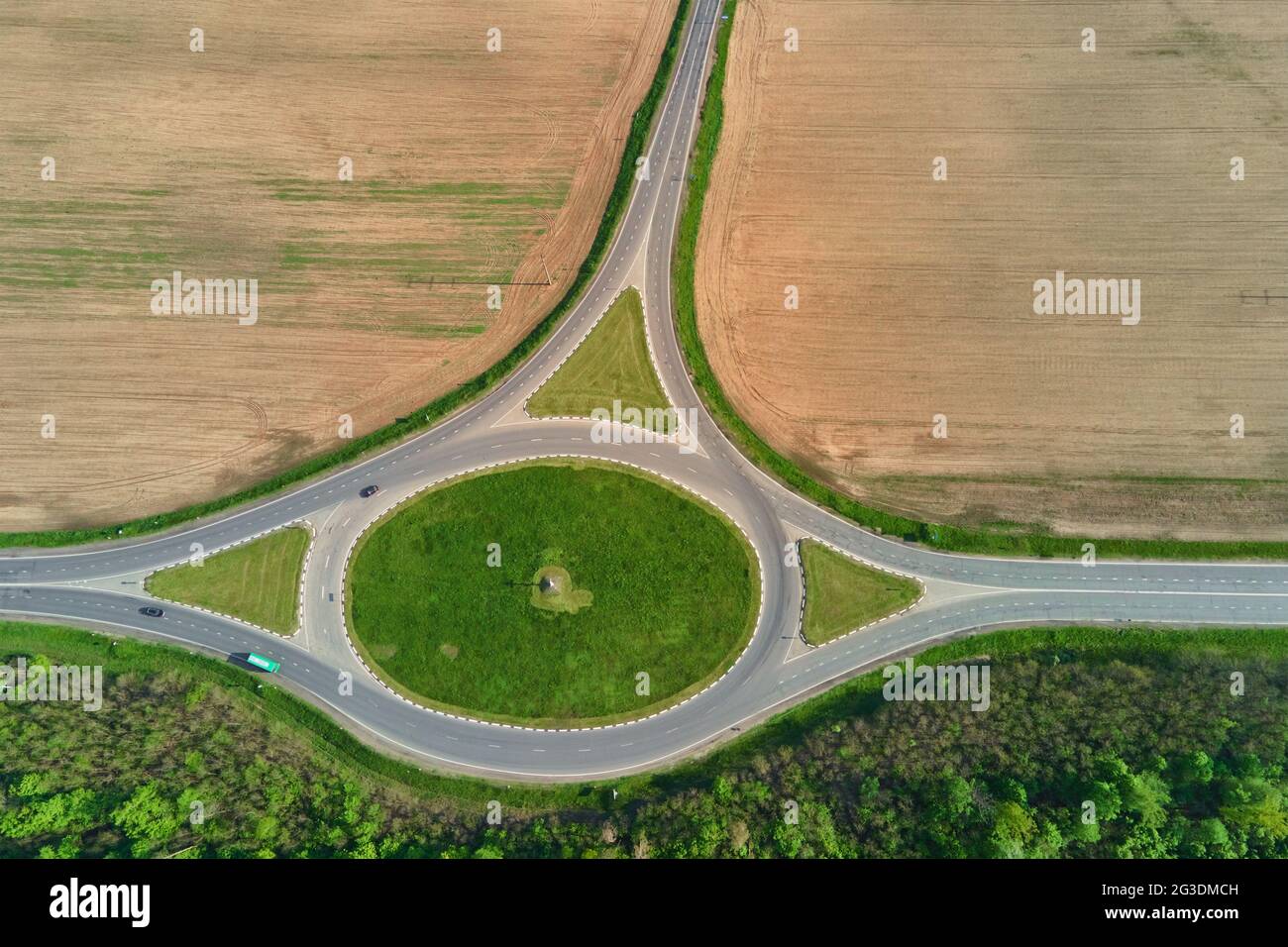 Circle crossroad among fields in countryside, aerial view ...