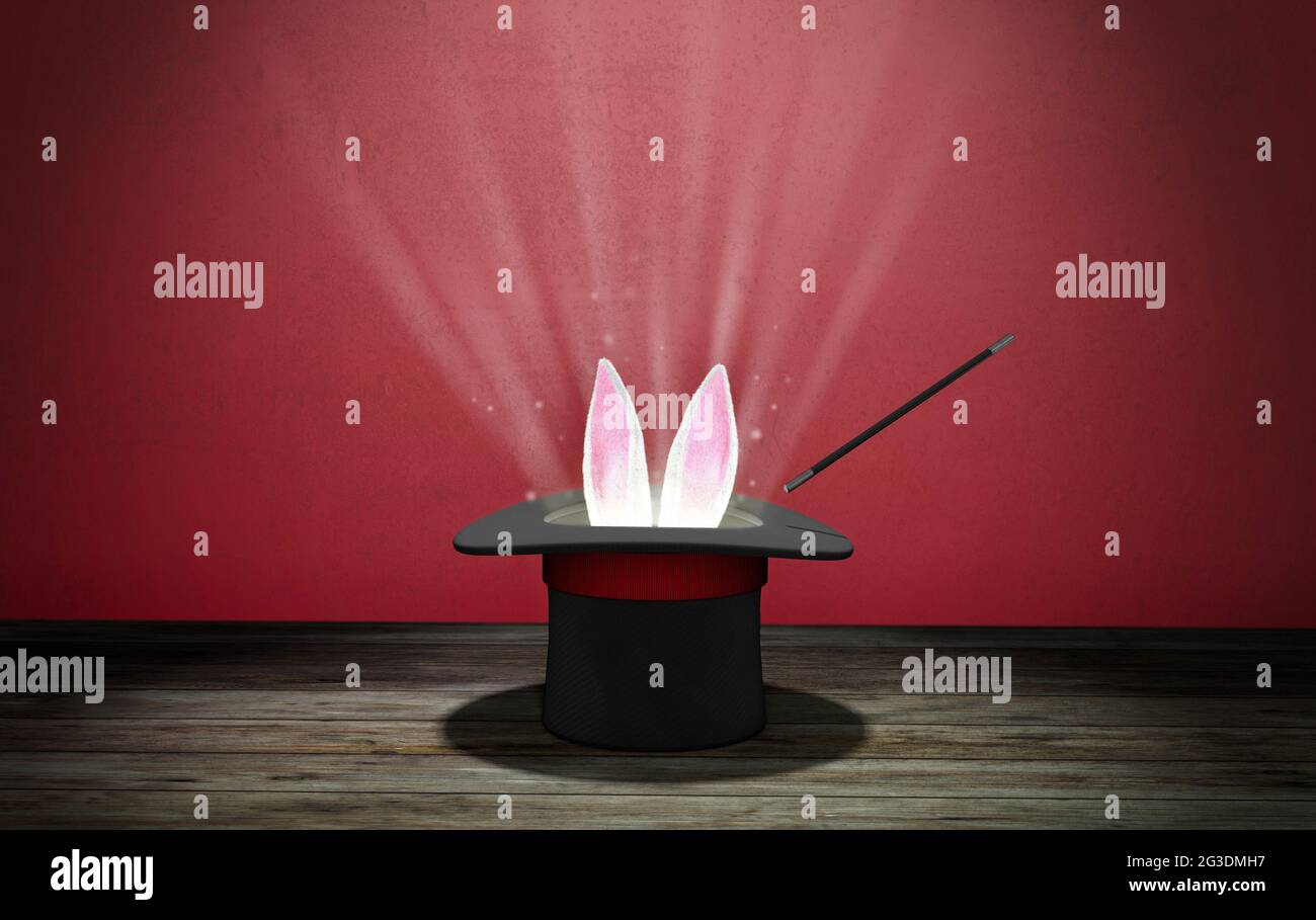 Magician hat. Rabbit ears stick out with a black top hat with a red ...