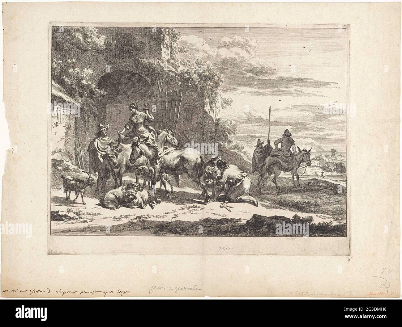 Farrier covers a donkey. In a mountainous landscape for a building ...