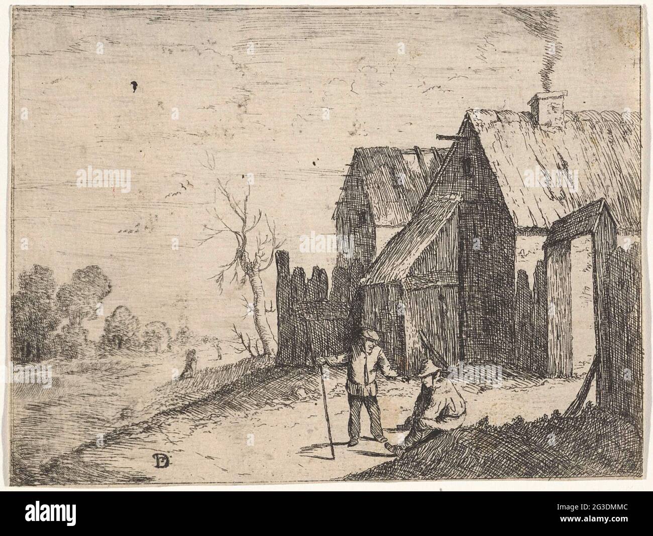 Two farmers in conversation. Two farmers in conversation at two houses ...