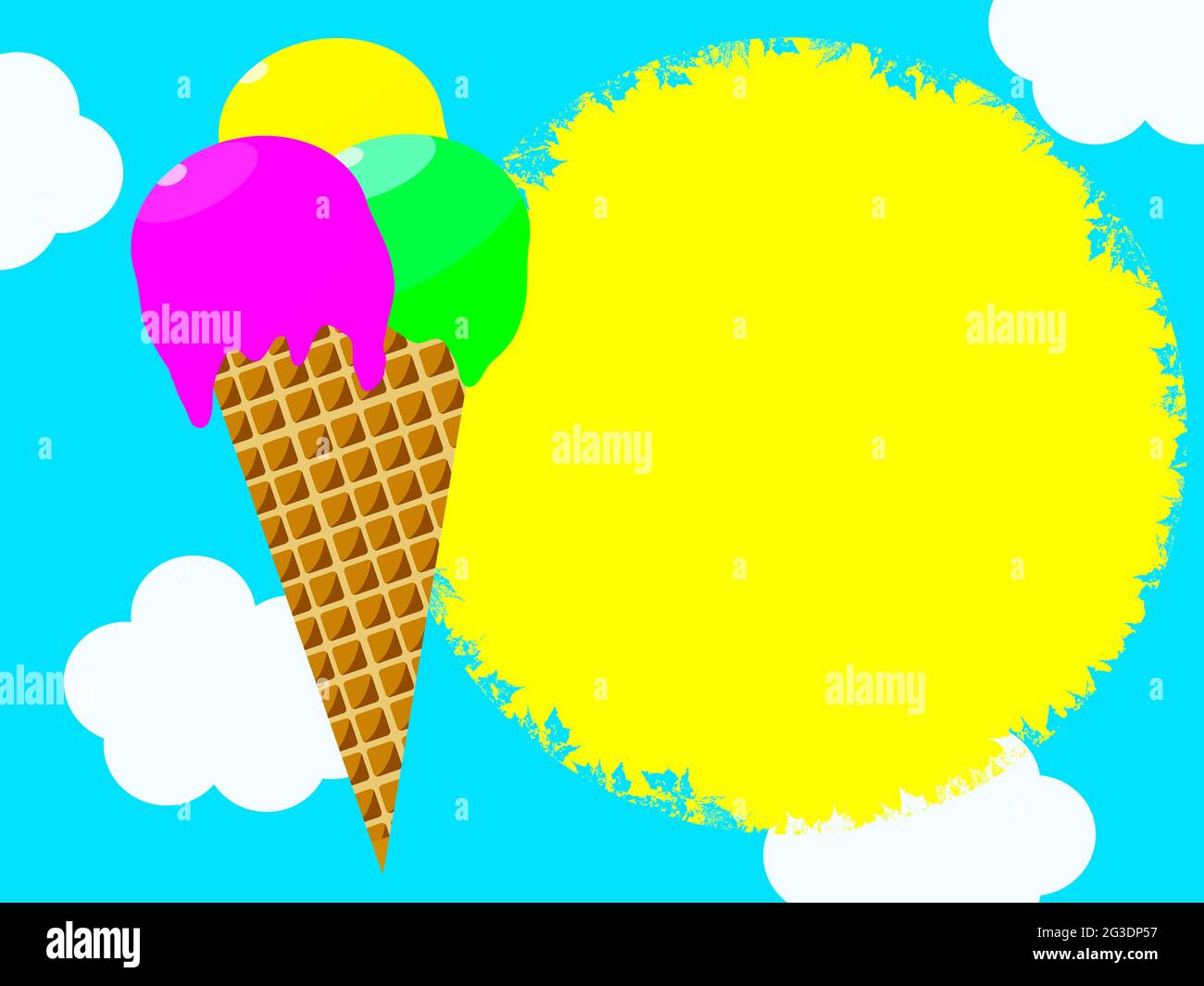 Cone with three ice cream scoops on blue sky background with clouds. In ...