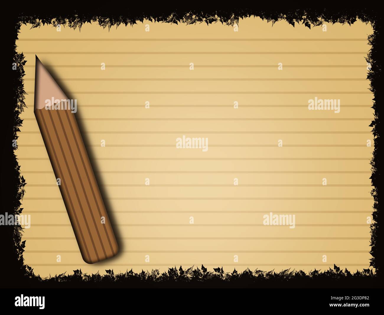 Ragged yellowed lined paper with pencil in left corner on black ...