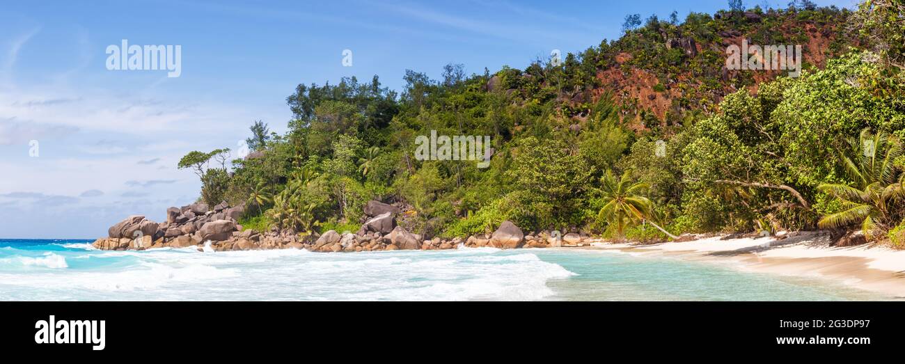 Seychelles Anse Georgette beach on Praslin island palm panorama ...