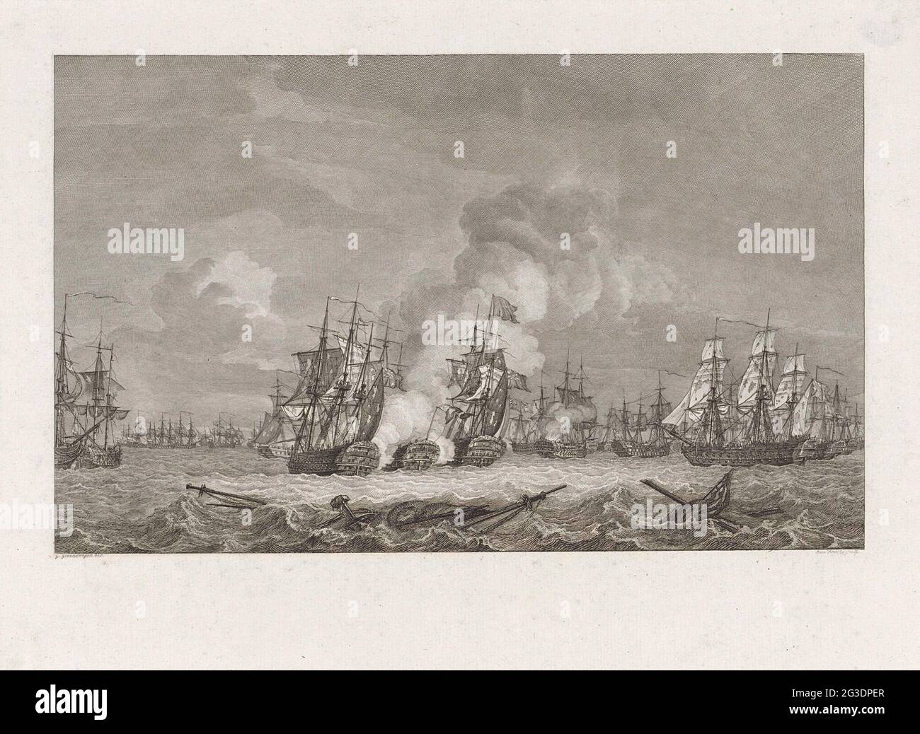 Sea battle at Kamperduin (end), 1797; Three plates of the sea battle at ...