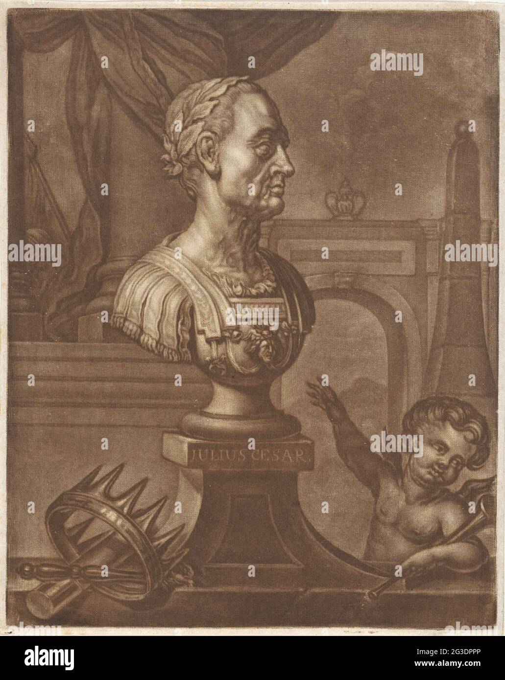 Bust of Julius Caesar. A putto with a praise stiff indicates a bust of ...