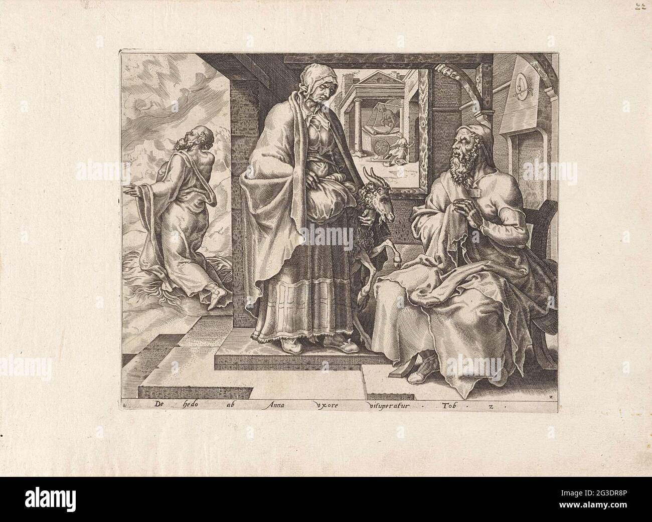 Tobit and Anna with the goat; Story of Tobias. Anna stands with the ...