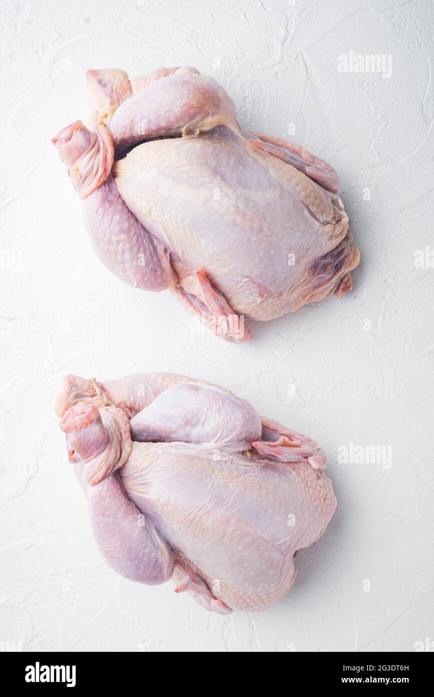 Fresh raw whole chicken carcass, on white background, top view Stock ...