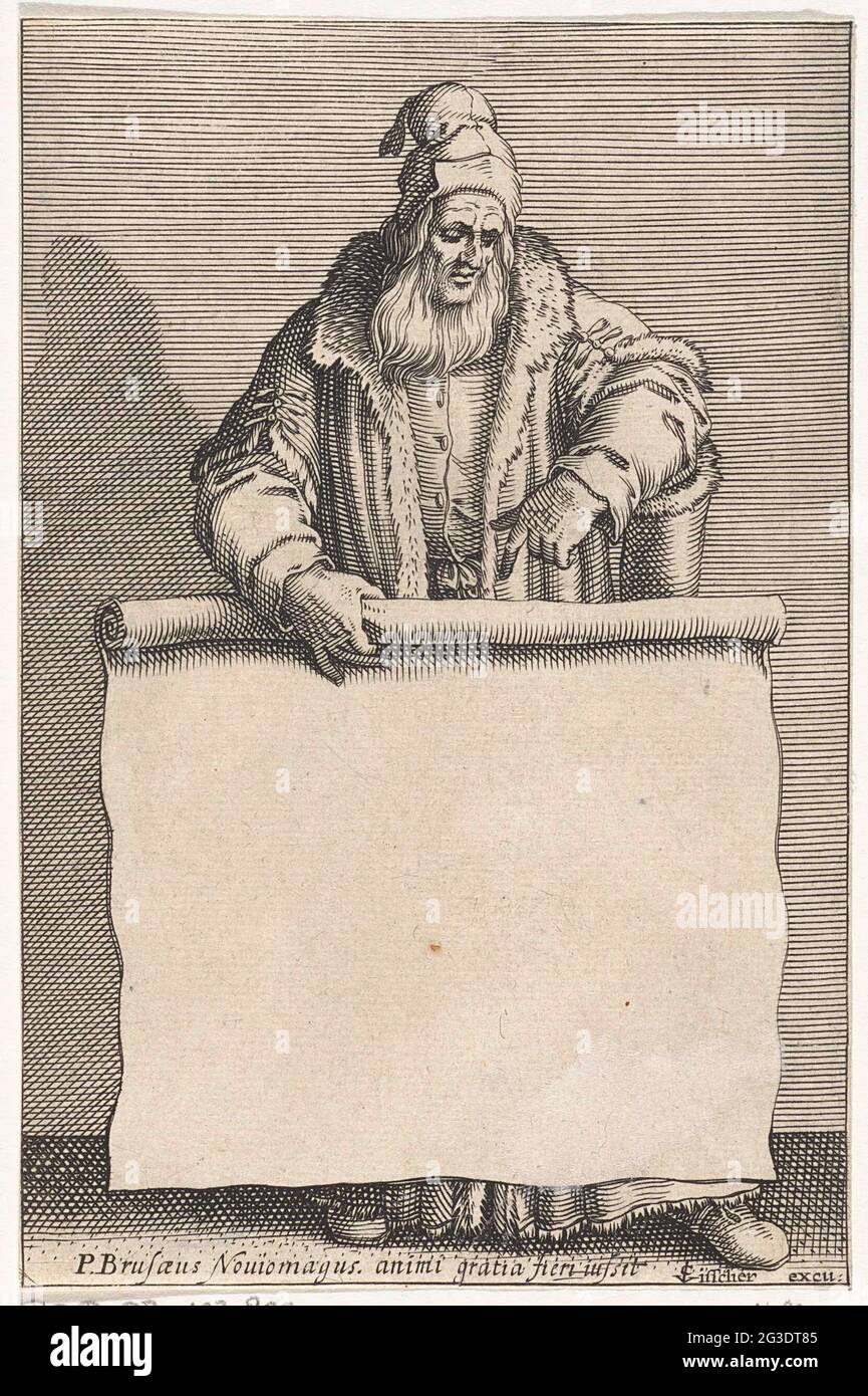 Old man with roll of paper. Old man with beard and fur collar with a ...