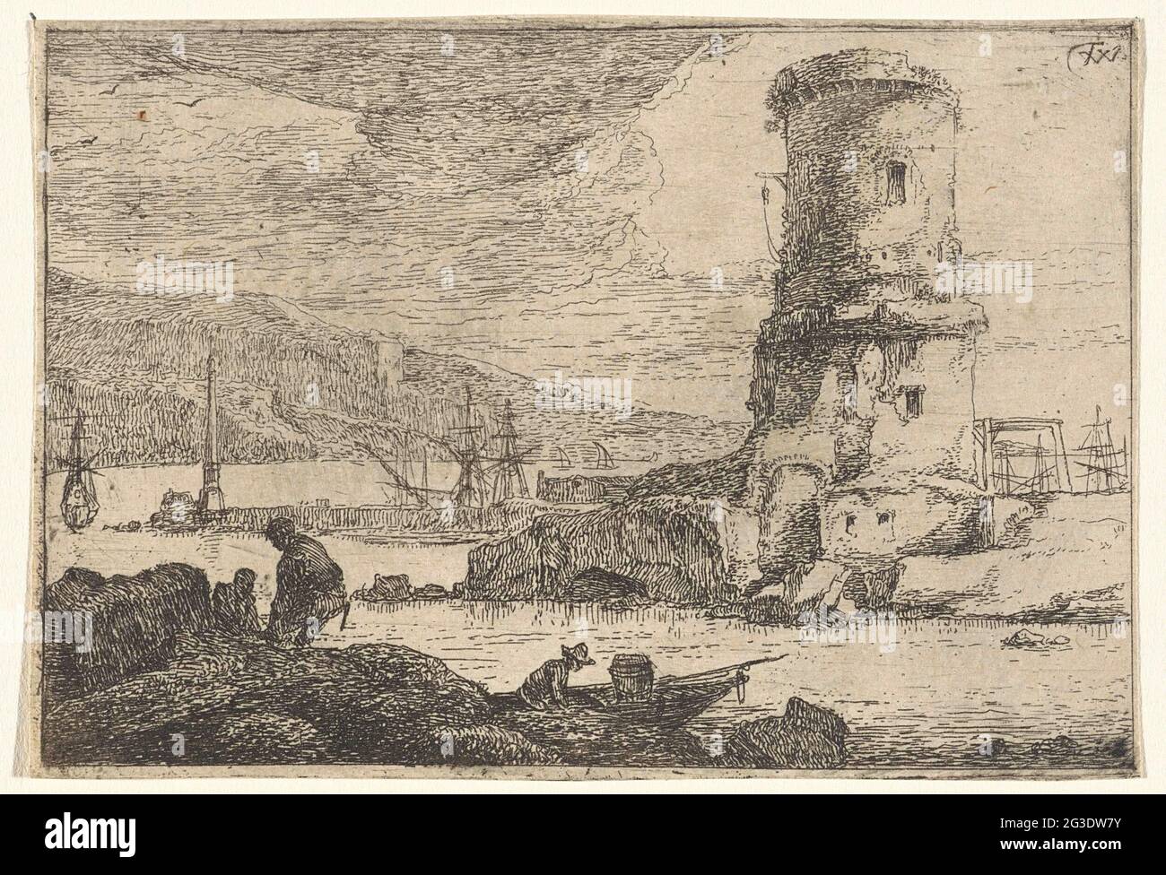 Landscape with round tower in a harbor; Landscapes with ruins Stock ...