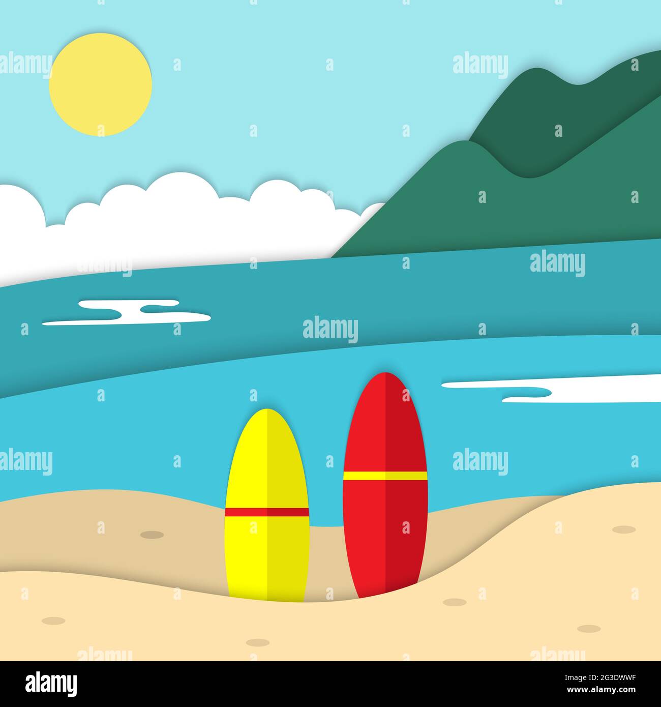 Summer Beach papercut background vector,ocean surfing paper craft ...