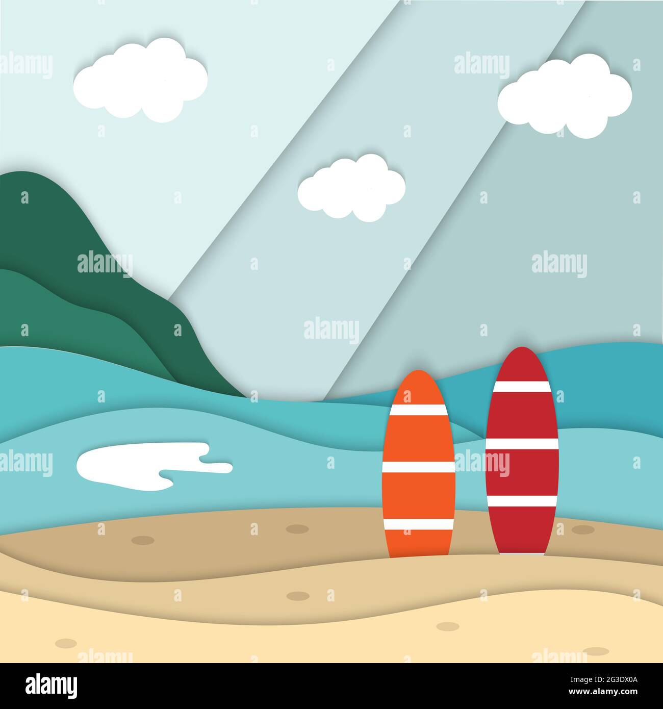 Summer Beach paper cut background vector,ocean surfing paper craft ...