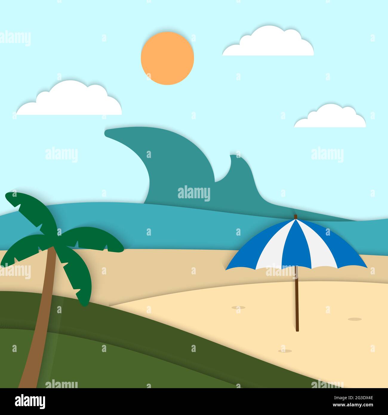 Hello Summer Beach papercut background vector,ocean view umbrella paper ...