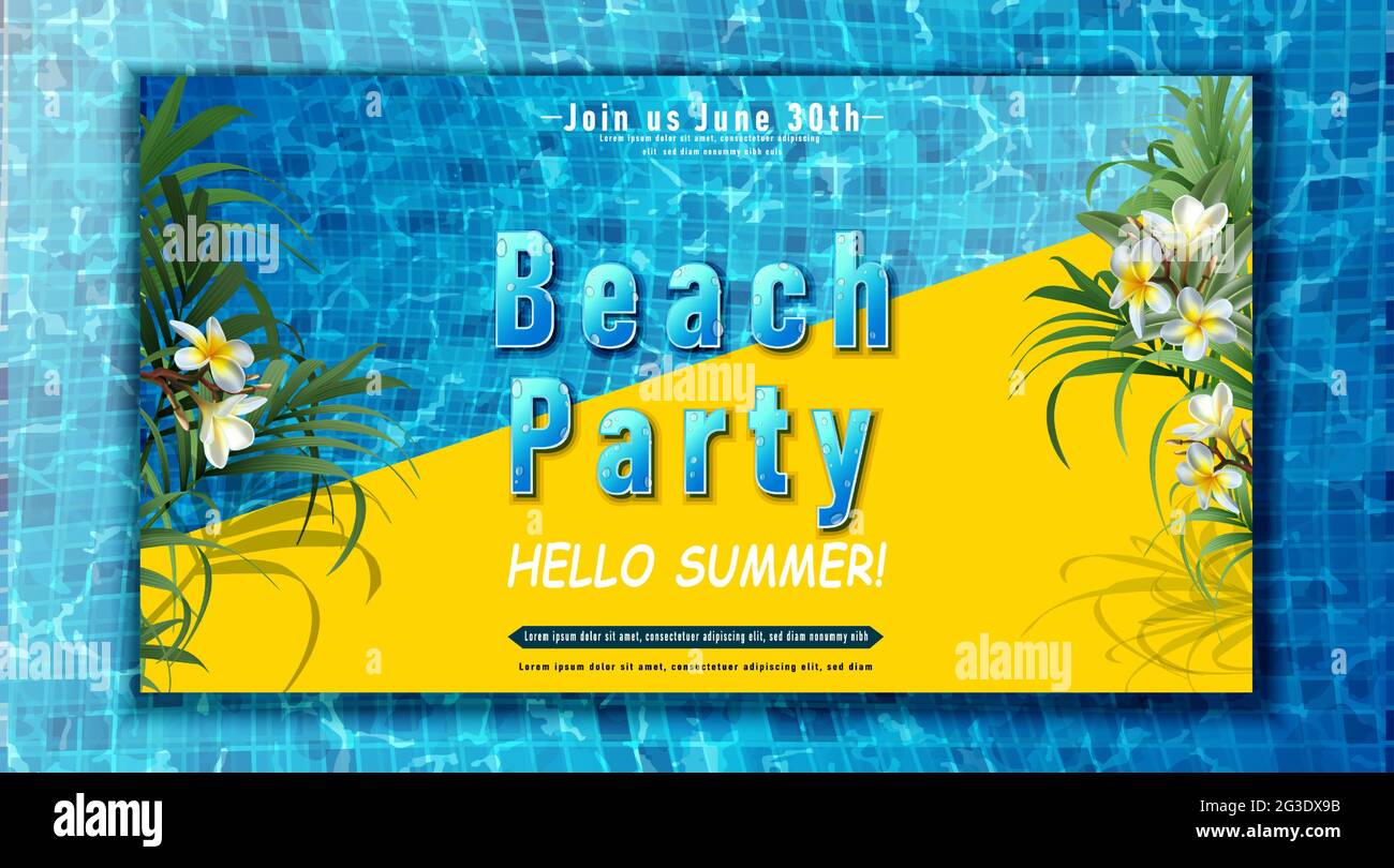 Vector summer party banner template. Pool party with exotic flowers ...