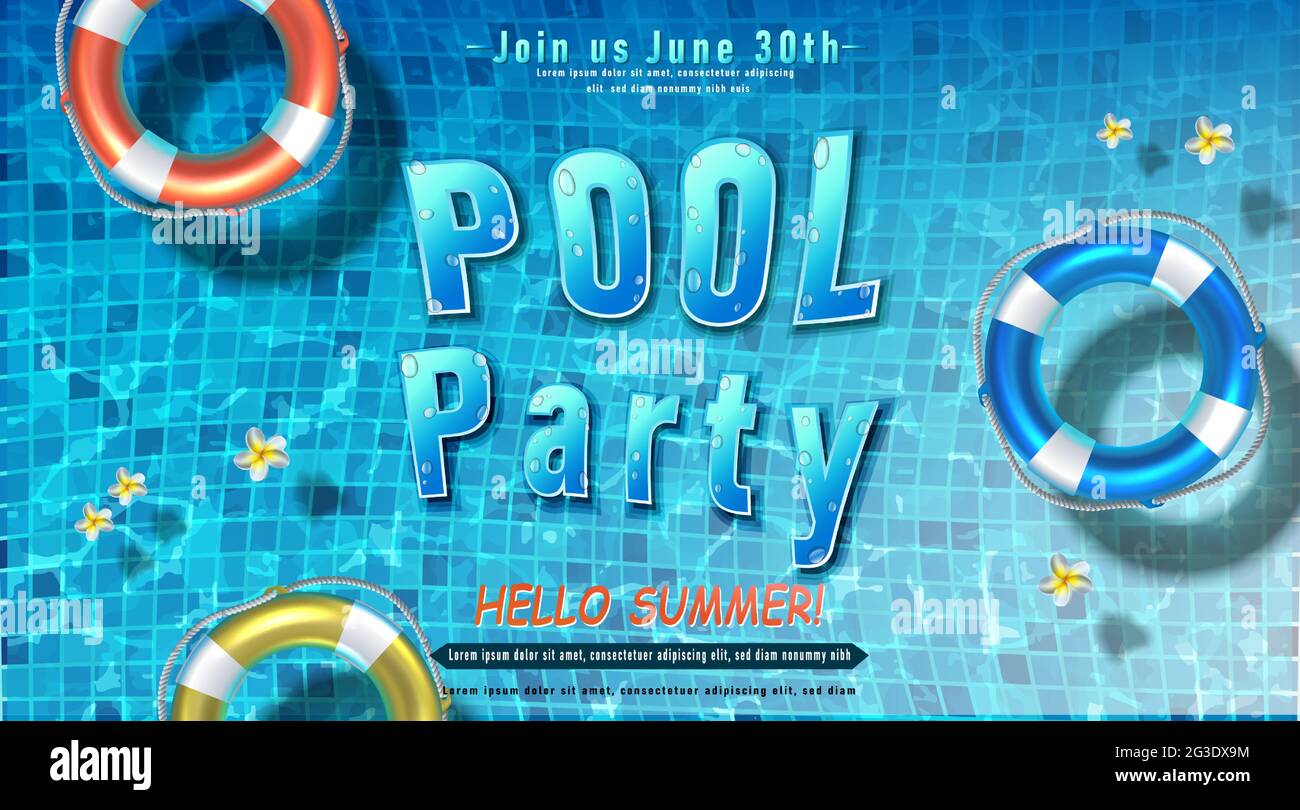 Vector summer party banner template. Pool party with inflatable rings ...