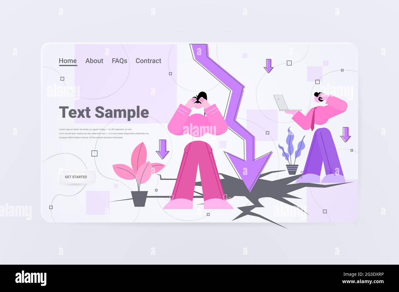 shocked businesspeople near falling down arrow company startup failure ...