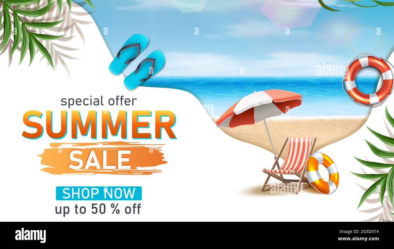 Vector summer sale horizontal banner template with summer beach ...