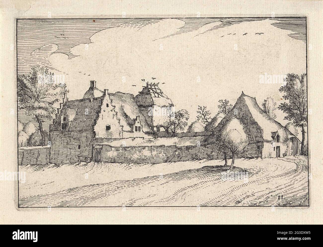 Walled farm; Landscapes with buildings. View of a country road where a ...