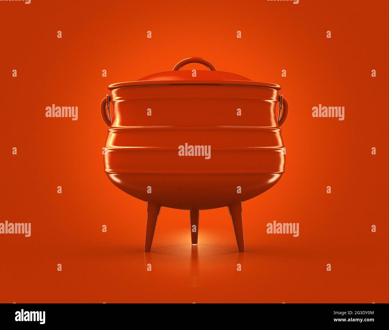An orange cast iron potjie pot and lid on an orange background - 3D ...