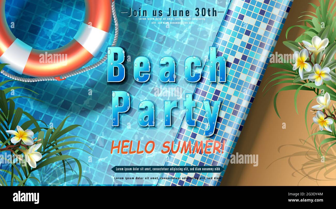Vector summer party banner template. Pool party with inflatable rings ...