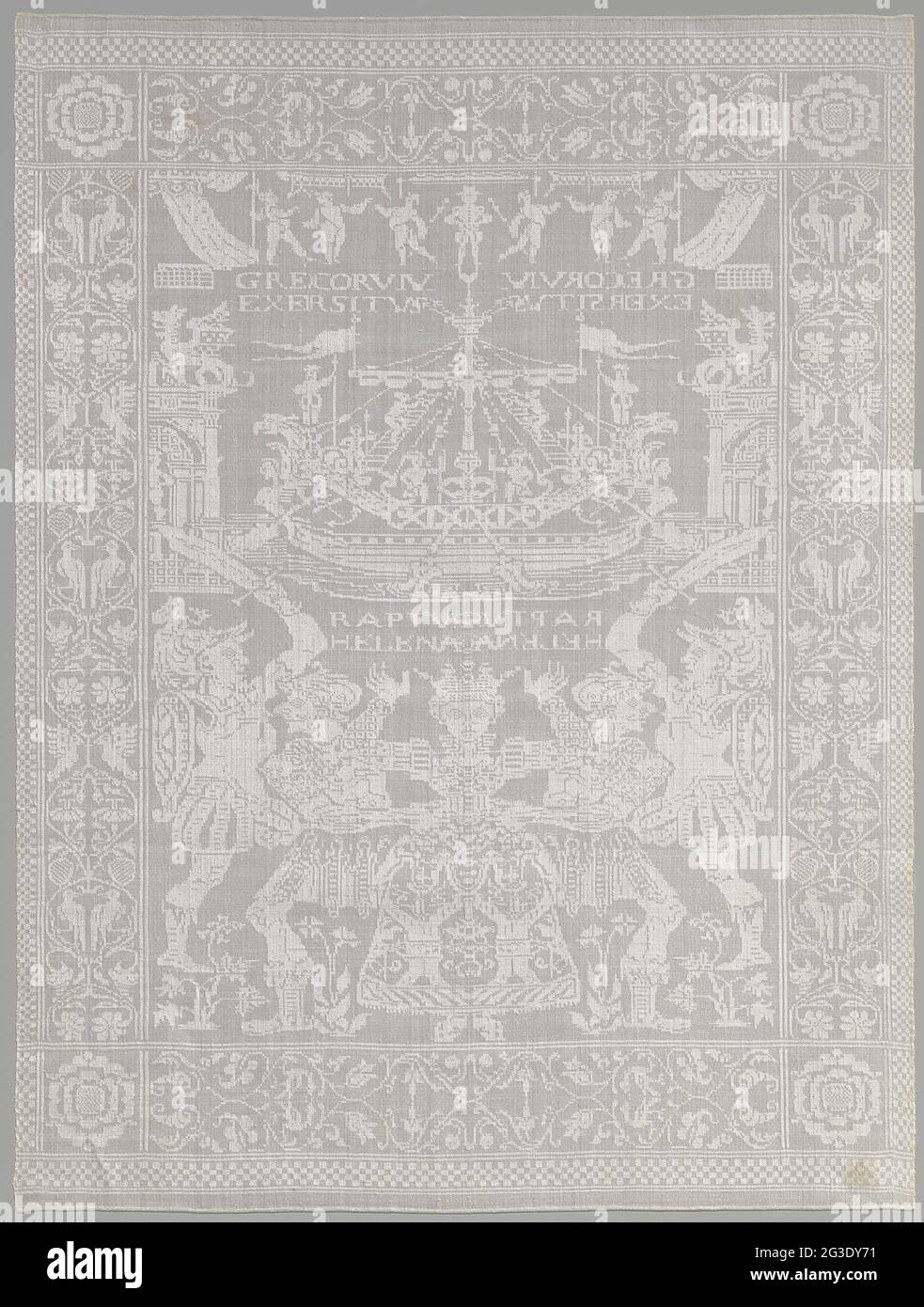Napkin with destruction of troy. White linen damask napkin with the ...