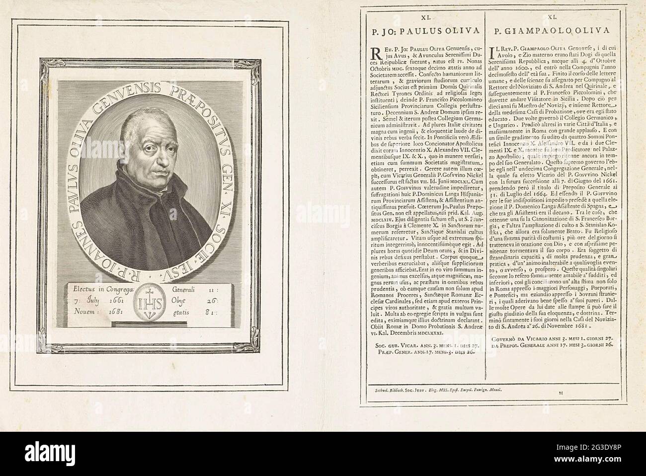 Portrait of the Italian priest Giovanni Paolo Oliva. On the left page ...