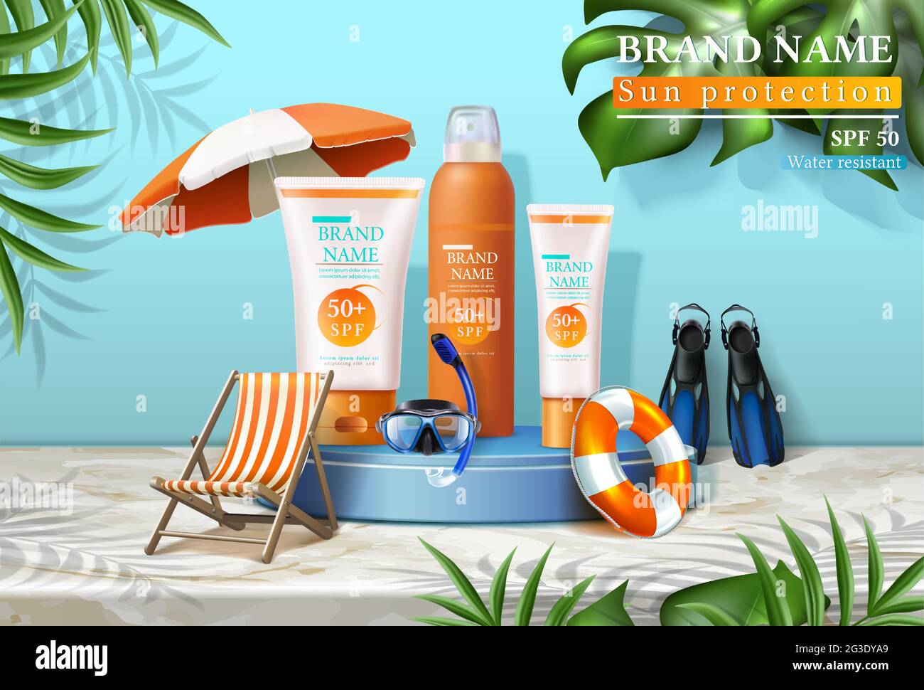 Vector summer sunscreen protection banner with sunscreen bottles on ...