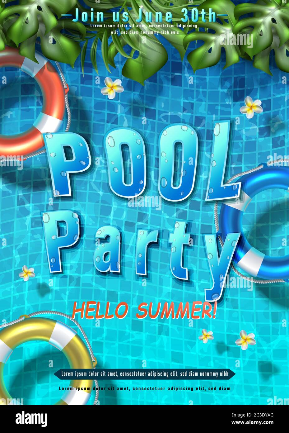 Vector summer party banner template. Pool party with inflatable rings ...