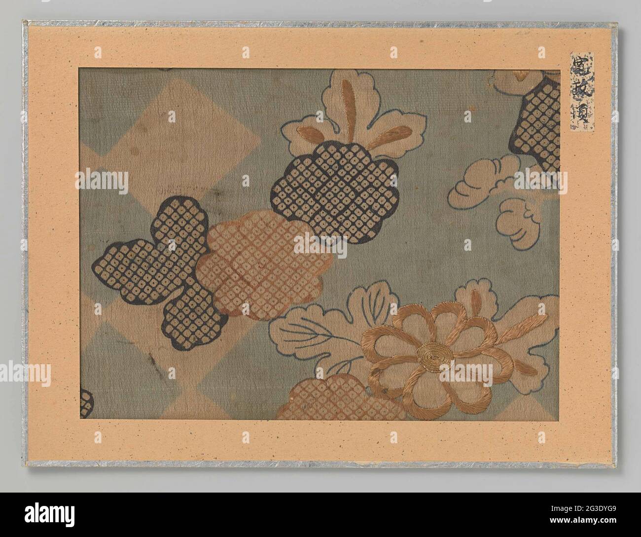 Fragment textile. Textile fragment, print and embroidery on soft blue ...