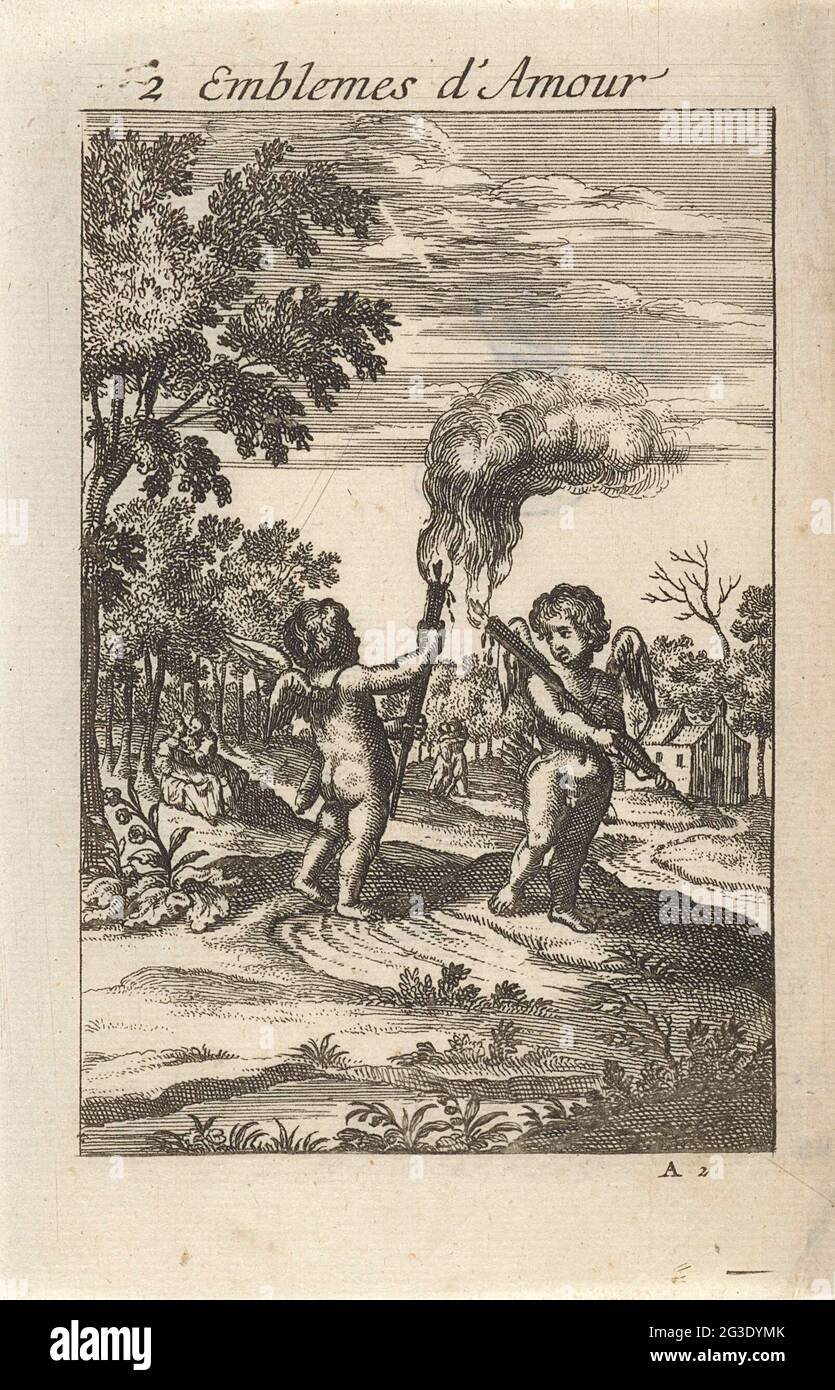 Two putti with torches; Emblemes d'Amour. Two putti keep their seals ...