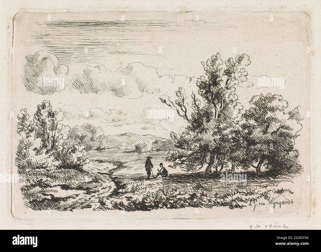 River landscape with two figures under a tree Stock Photo - Alamy