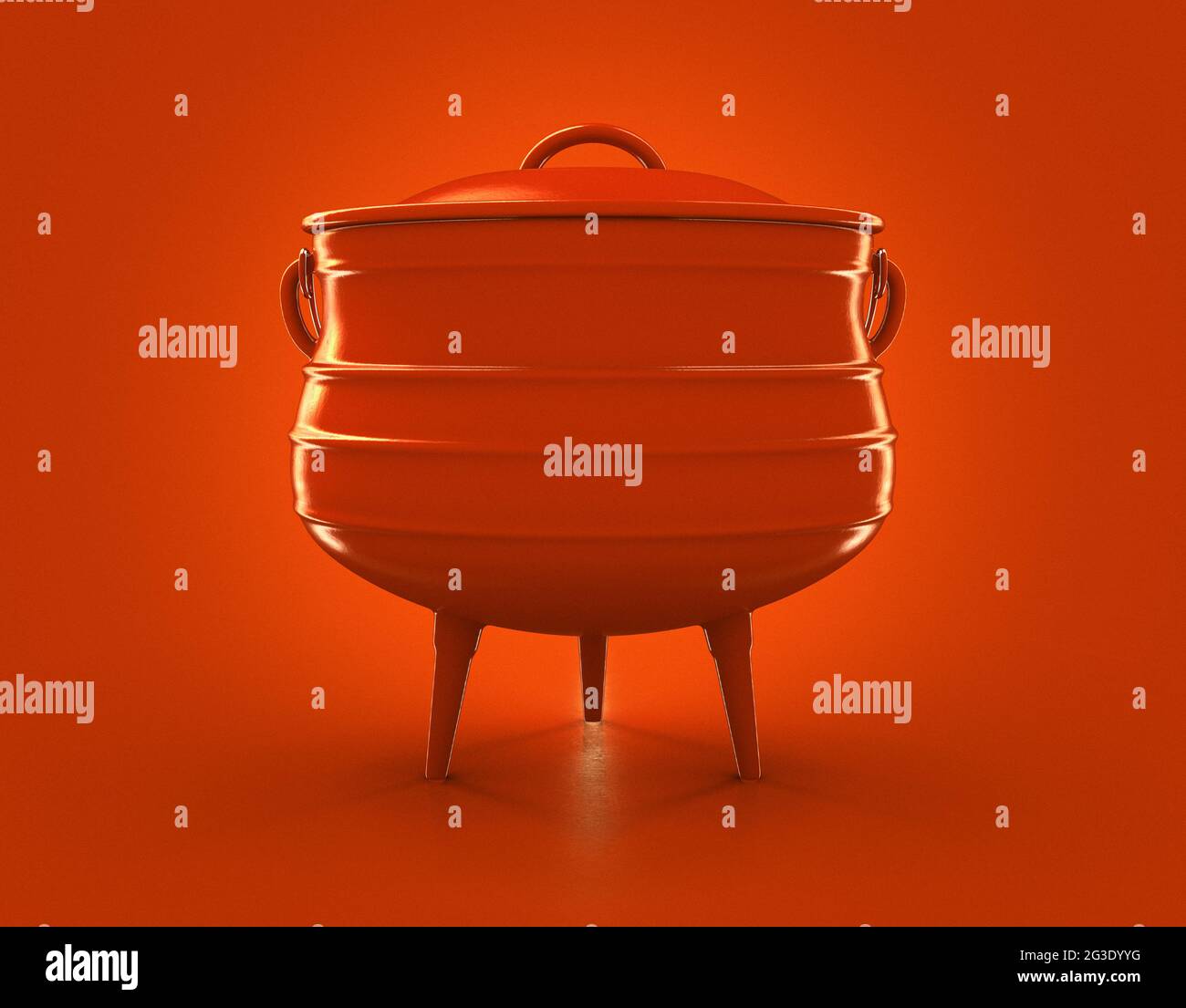 An orange cast iron potjie pot and lid on an orange background - 3D ...