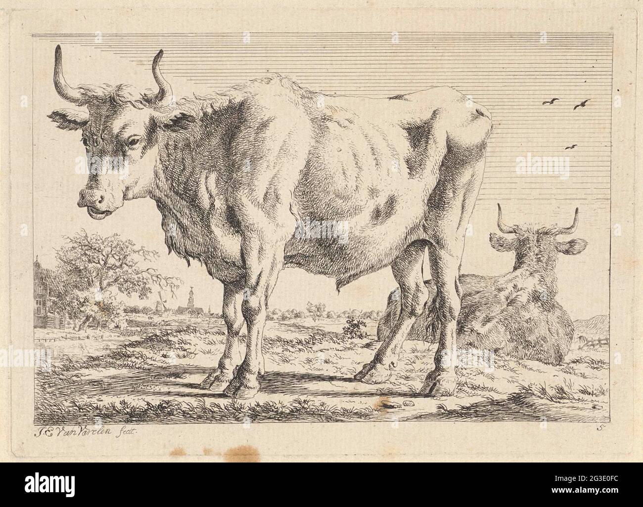 Standing and lying ox; Six prints to drawings from various masters. A ...