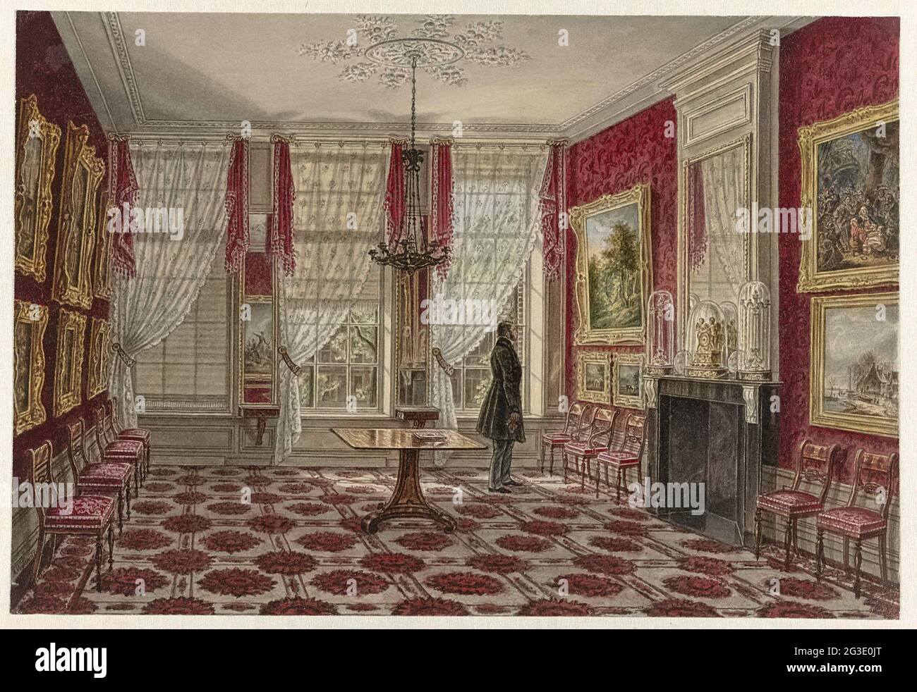 19th century interior with paintings and standing figure. Colored ...