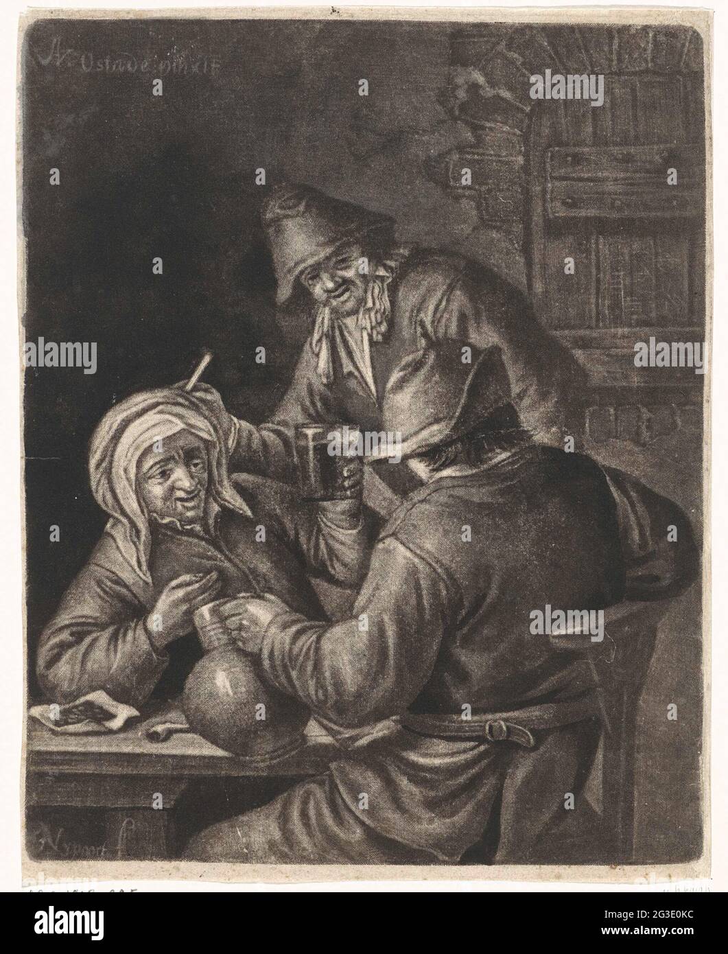 Three drinking figures in an inn. In a inn there is a man and a woman ...