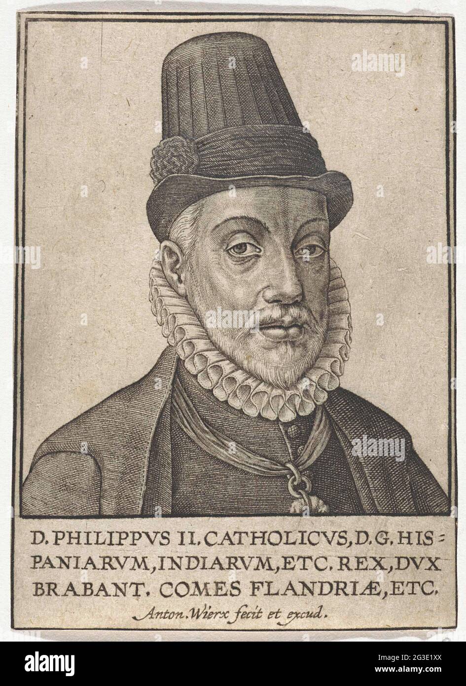 Portrait of Philip II, king of Spain. He carries a ribbon with the ...