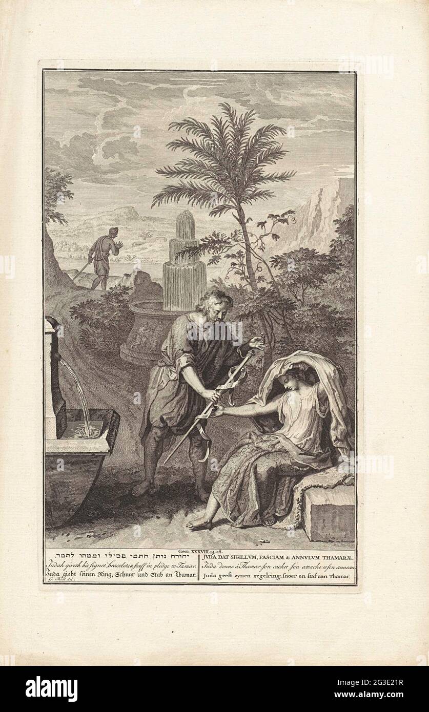 Judah and Tamar. Judah hands his staff, ring and bracelet as collateral ...