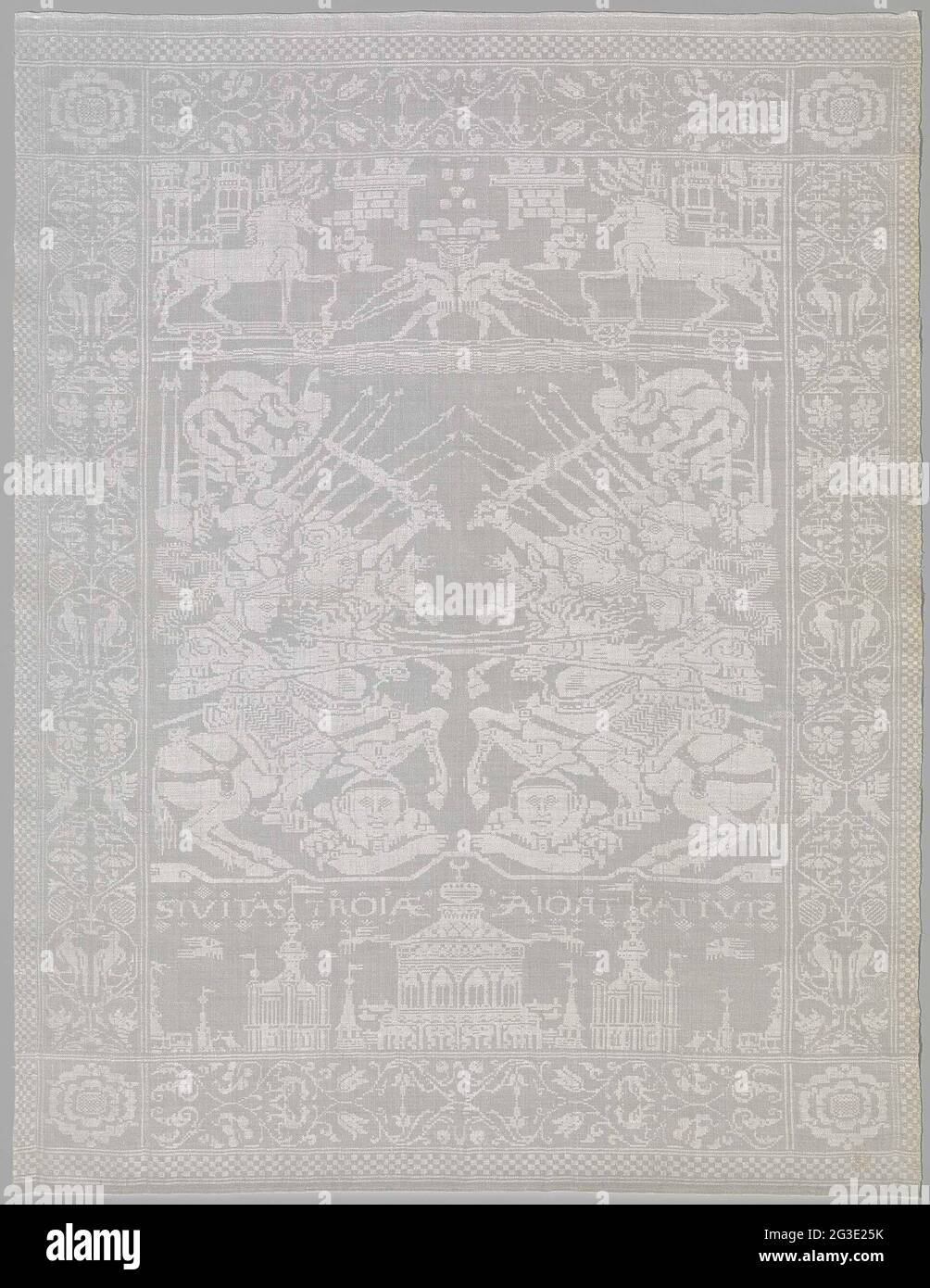 Napkin with destruction of troy. White linen damask napkin with the ...