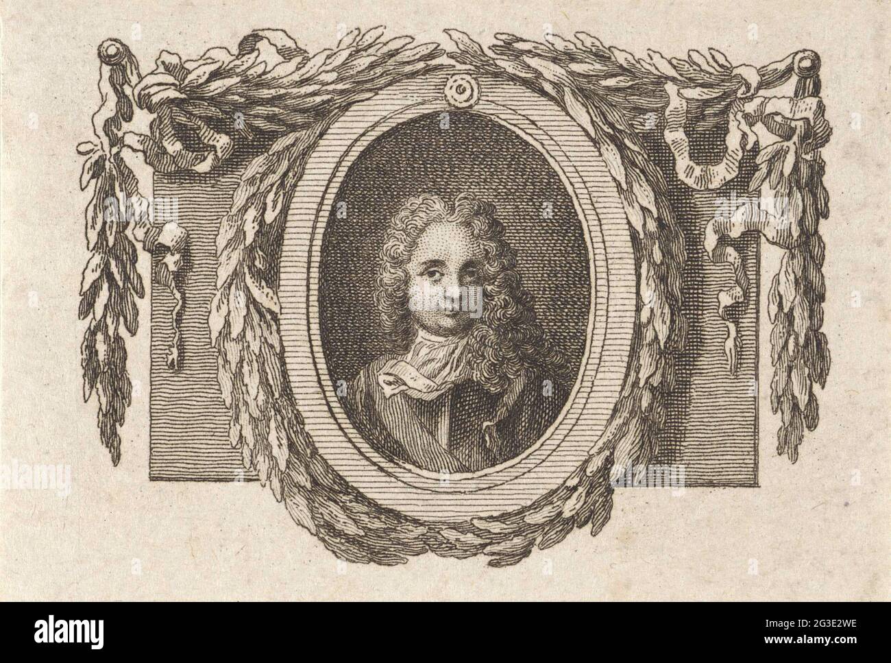 Portrait of possible Pierre Bayle, surrounded by a laurel wreath ...