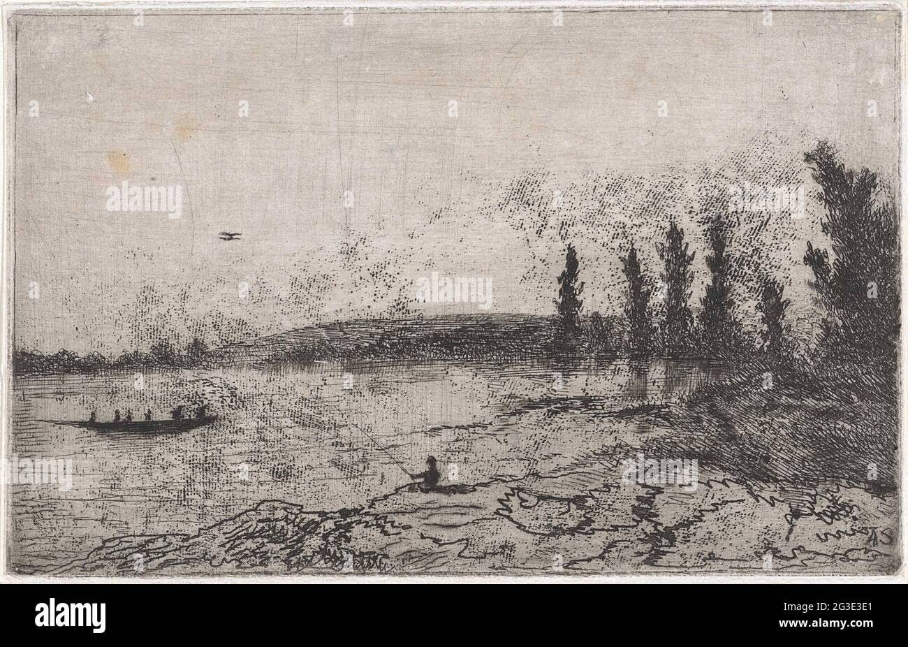 Landscape with rowing boat and angler Stock Photo - Alamy