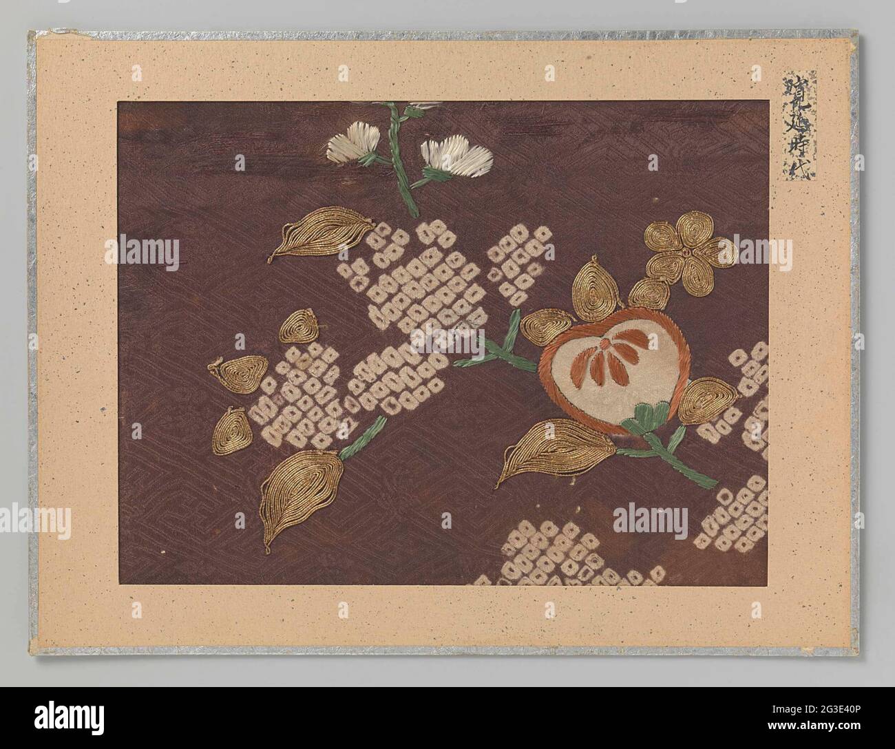 Textile fragment. Textile fragment, embroidery and print of flowers and ...