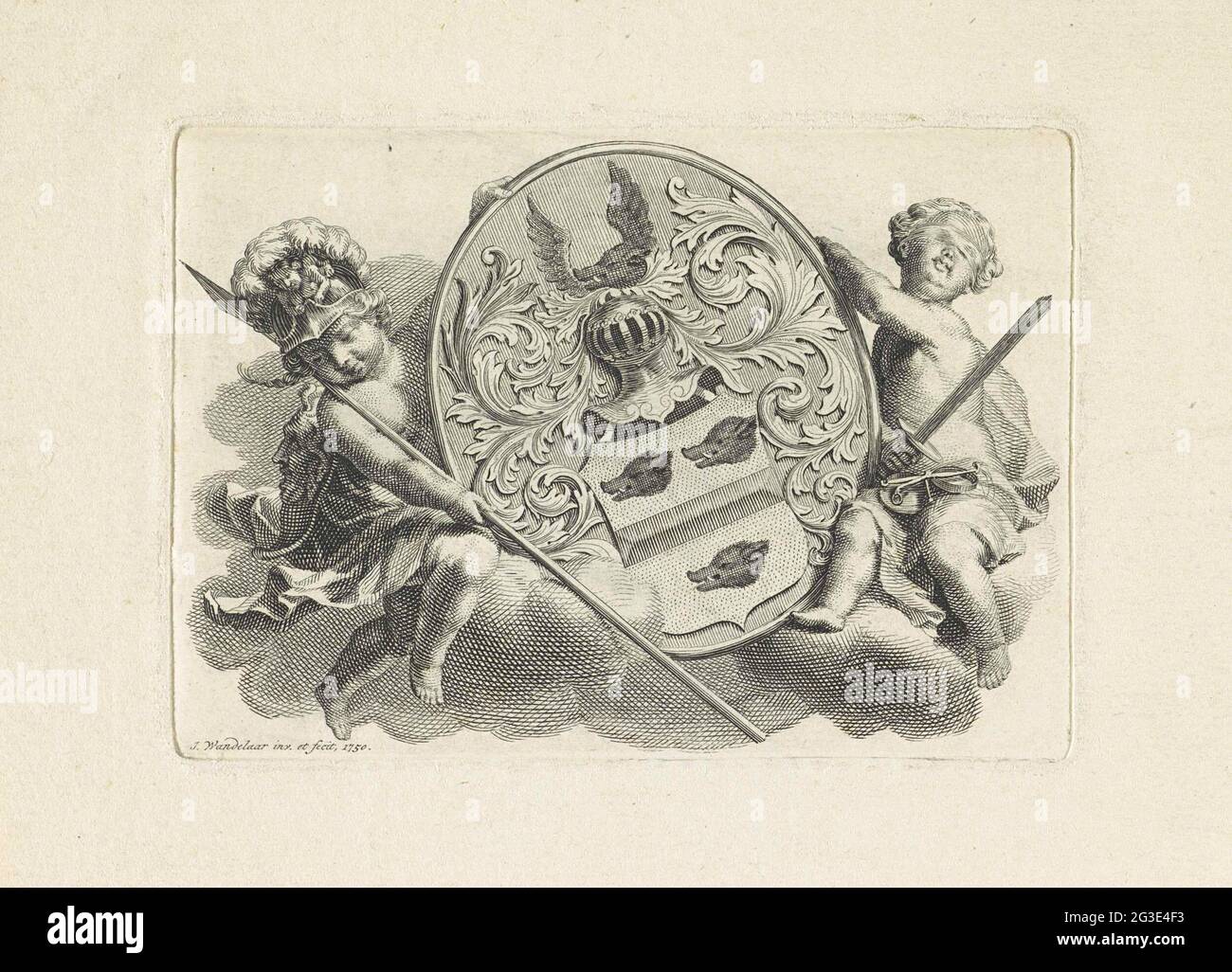 Putti on either side of a family crest. Two putti on a cloud hold a ...