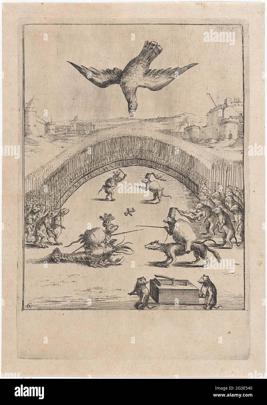 Battle between the frog and mouse; Fables of Aesopus. On a battlefield ...