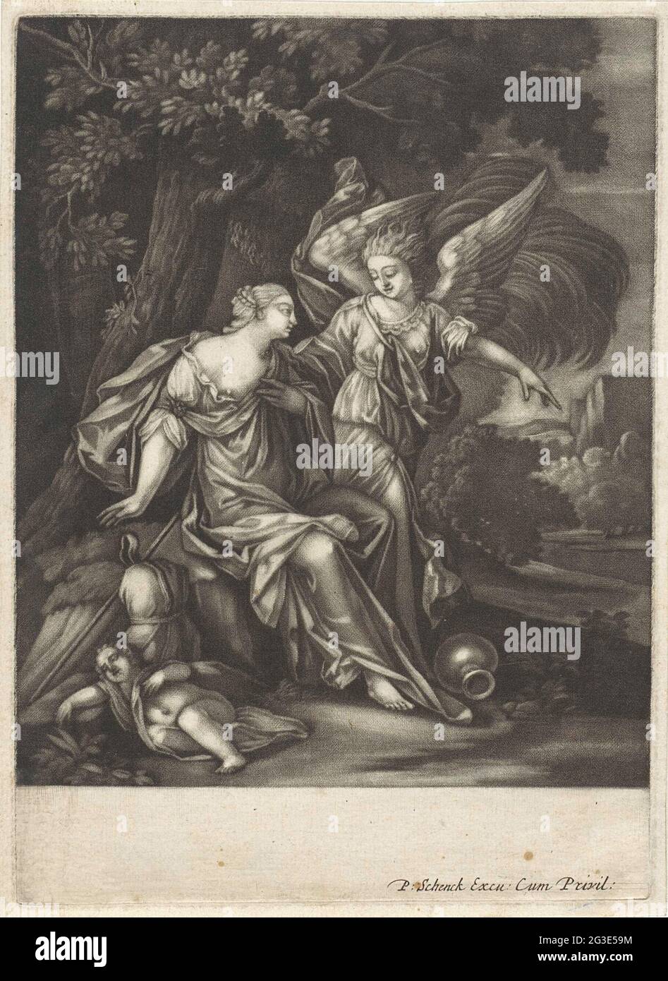 Hagar and Ismaël in the wilderness. An angel points his way to a source ...