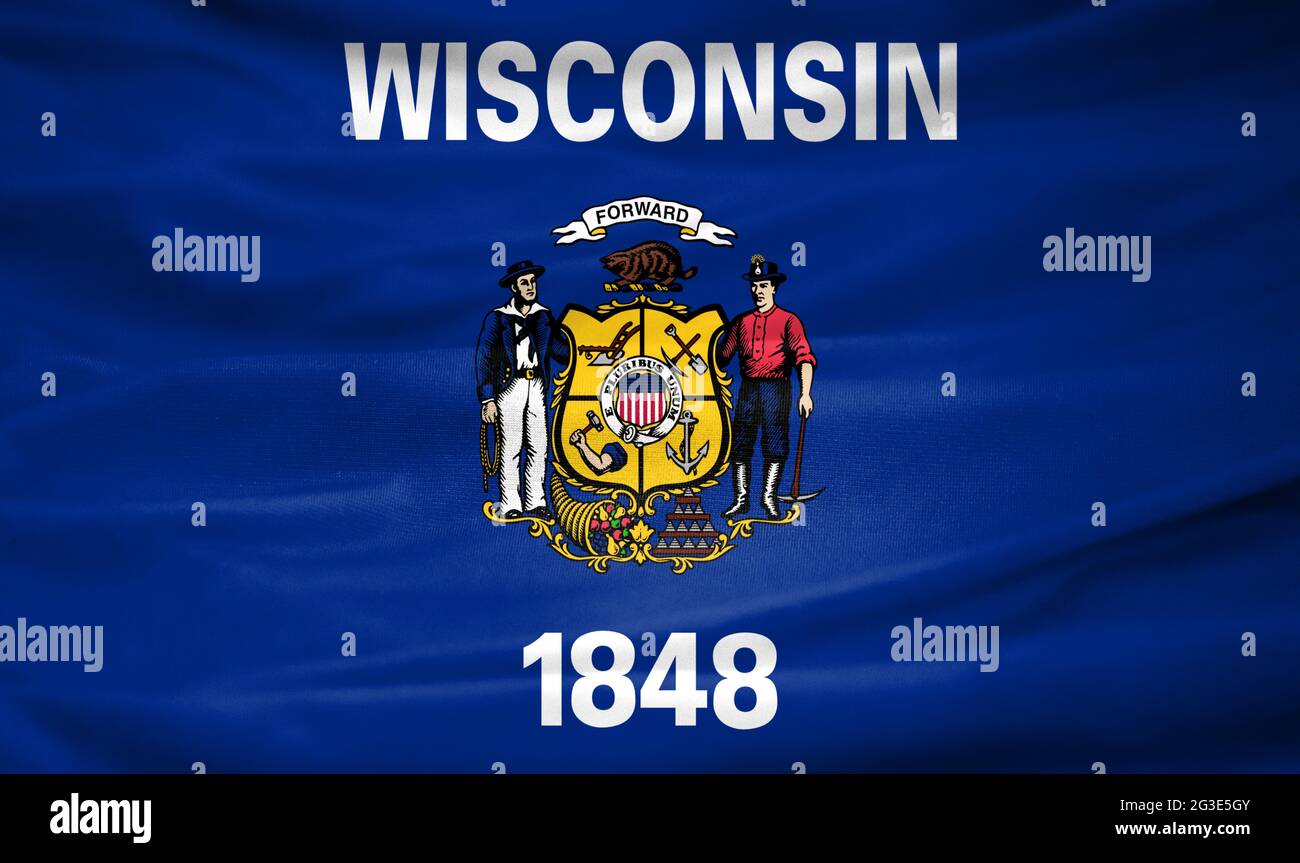 Realistic flag of State of Wisconsin on the wavy surface of fabric ...
