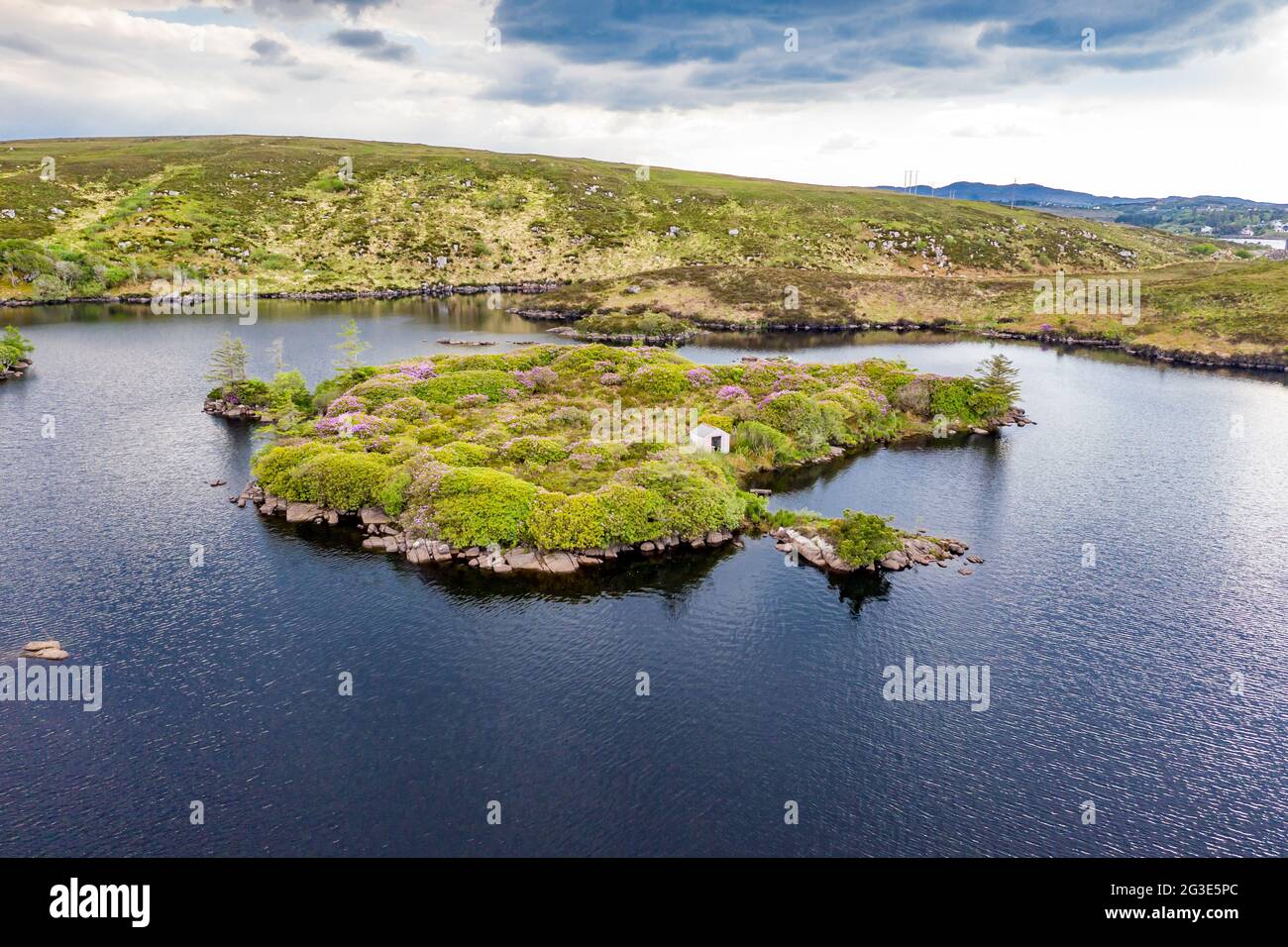 Aerial view of island in Lough Craghy, Tully Lake - Part of the Dungloe ...