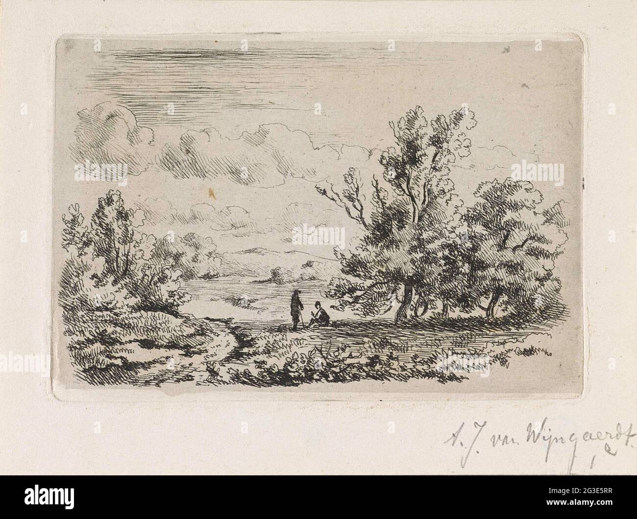 River landscape with two figures under a tree Stock Photo - Alamy