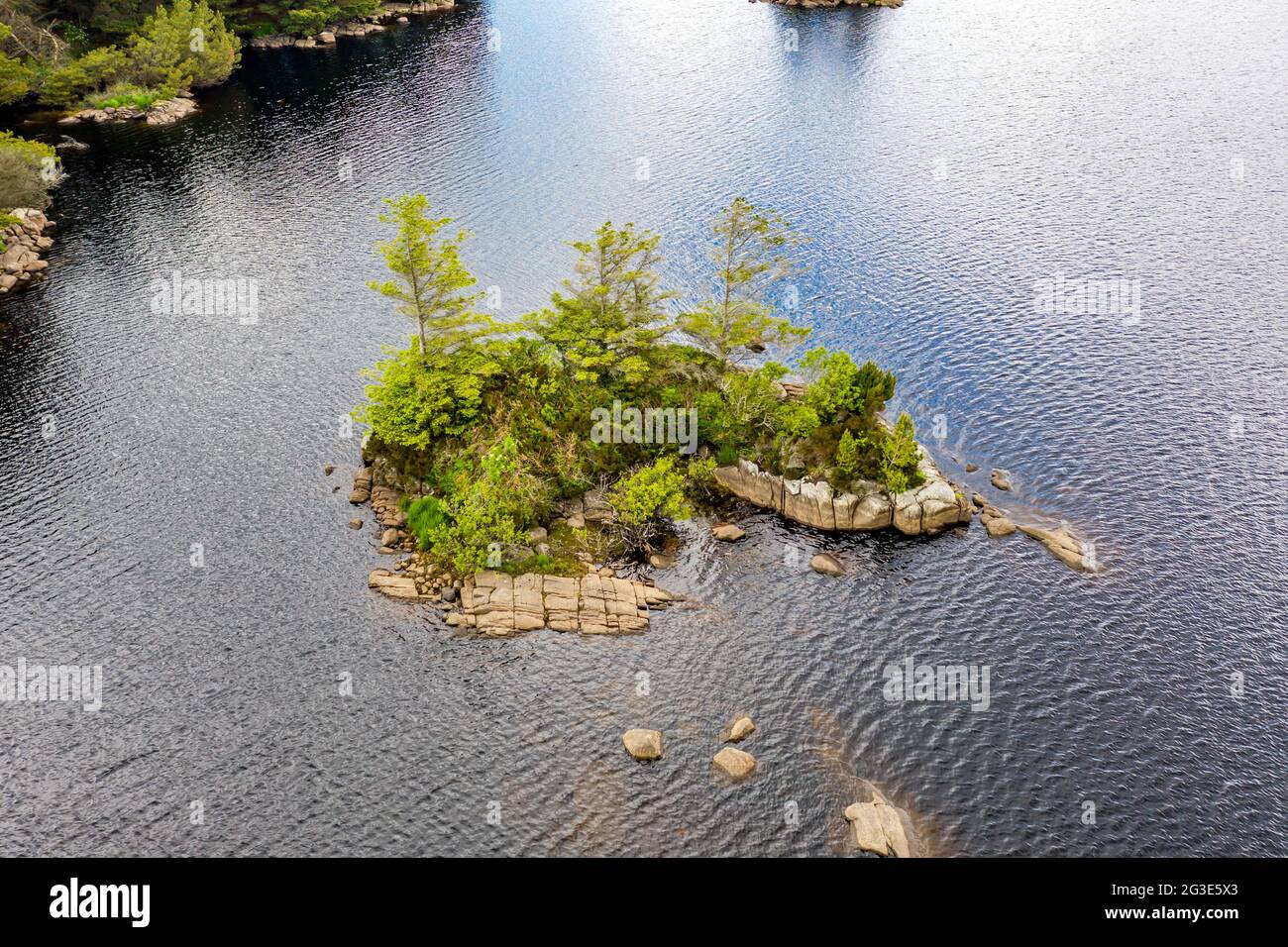 Aerial view of island in Lough Craghy, Tully Lake - Part of the Dungloe ...