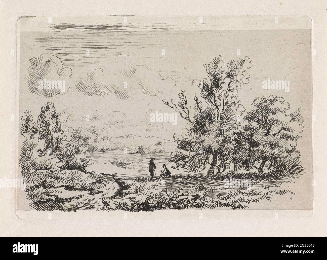 River landscape with two figures under a tree Stock Photo - Alamy